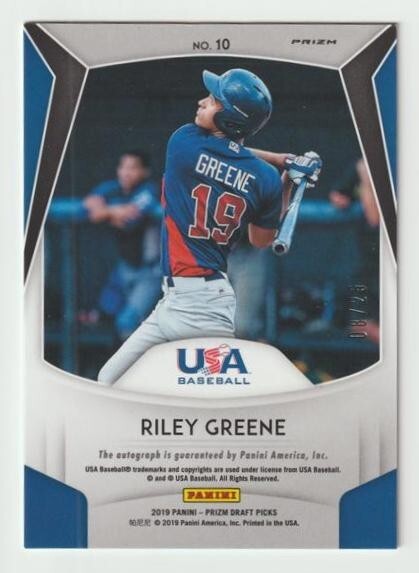 RILEY GREENE 2019 PANINI PRIZM DRAFT PICKS BLUE PRIZM # 10 AUTOGRAPH SN ...