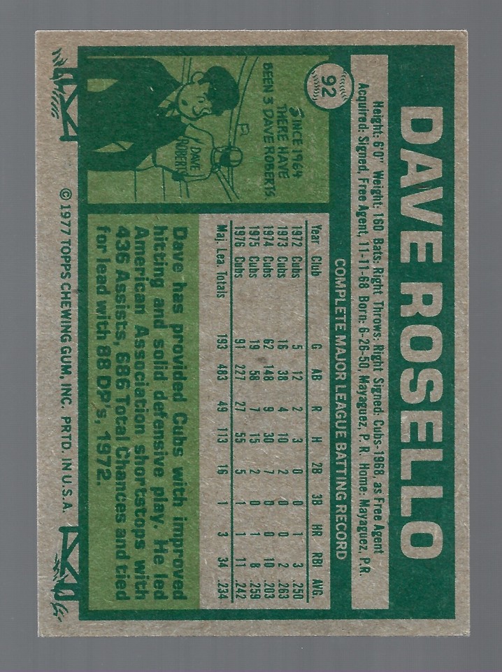 Dave Rosello AUTOGRAPH Chicago Cubs 1977 Topps #92 AUTO Baseball Signed ...