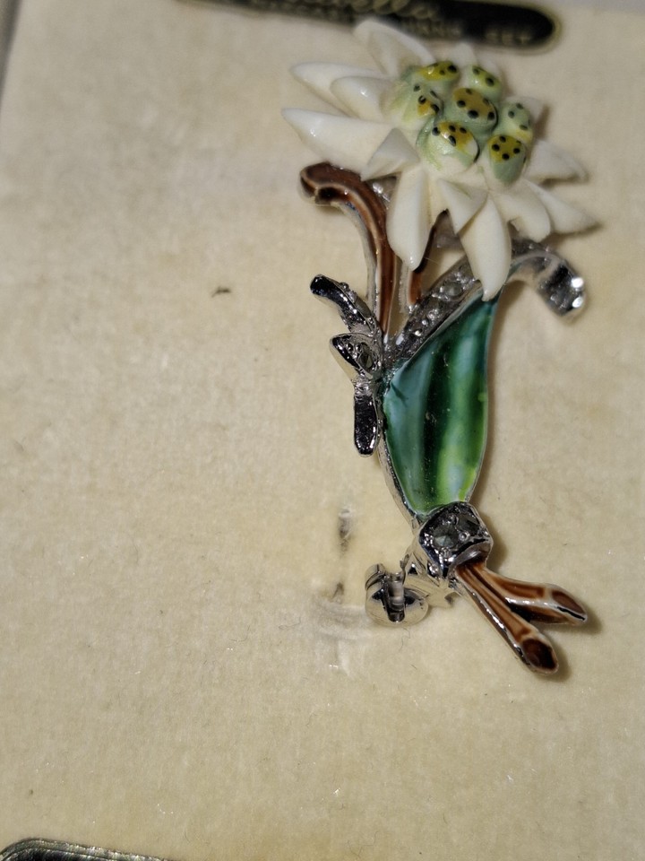 Sivella Real Marcasite Hand-Set Enamel Rhodium Plated Edelweiss Flower ...