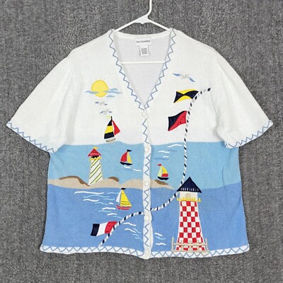 Breckenridge Sweater Womens Large Blue White Nautical Lighthouse ...