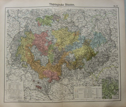 1908 ANTIQUE MAP ~ THURINGIAN STATES COBURG SONNEBERG WEIMAR EISENACH ...