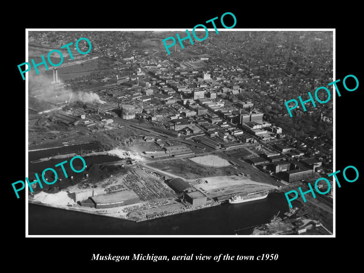 OLD POSTCARD SIZE PHOTO MUSKEGON MICHIGAN AERIAL VIEW OF THE TOWN c1950 ...