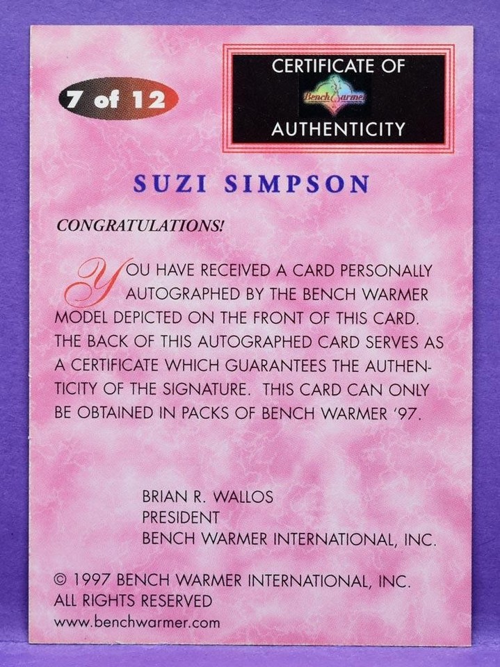 BenchWarmer 1997 Series Suzi Simpson Authentic BLACK INK Autograph ...