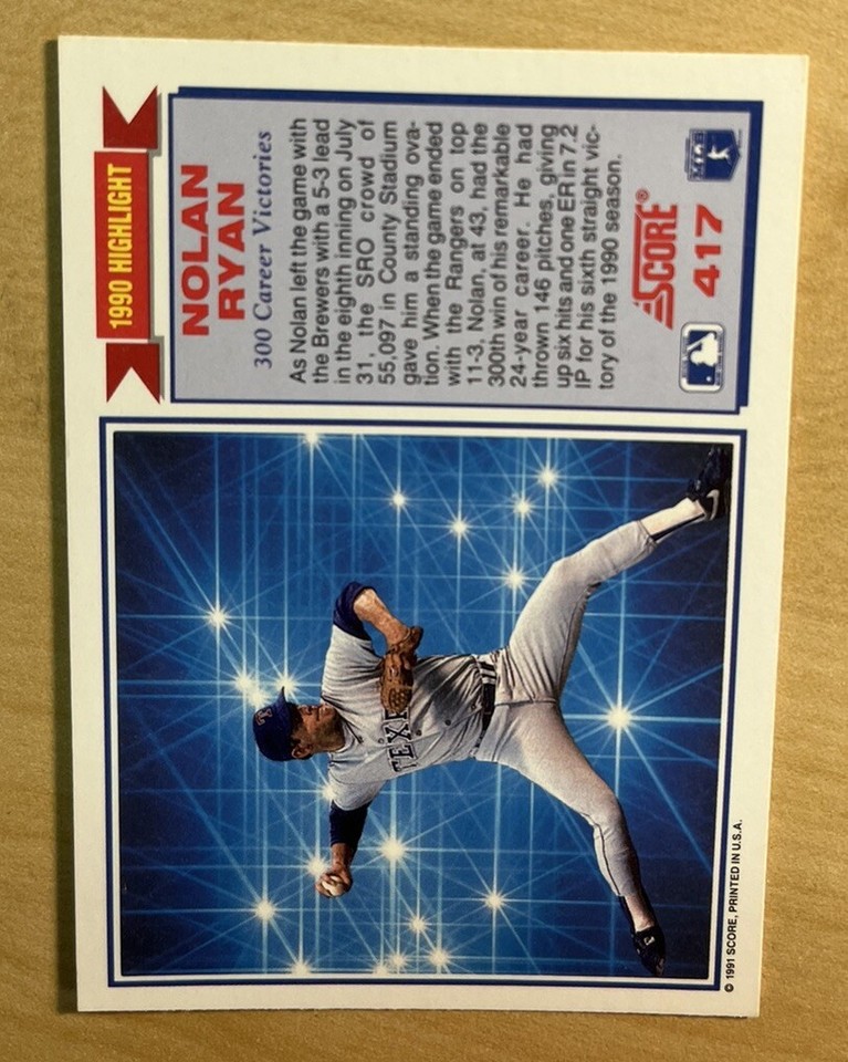 Nolan Ryan 1991 Score Highlight Card #417, MINT, 300 Career Victories ...