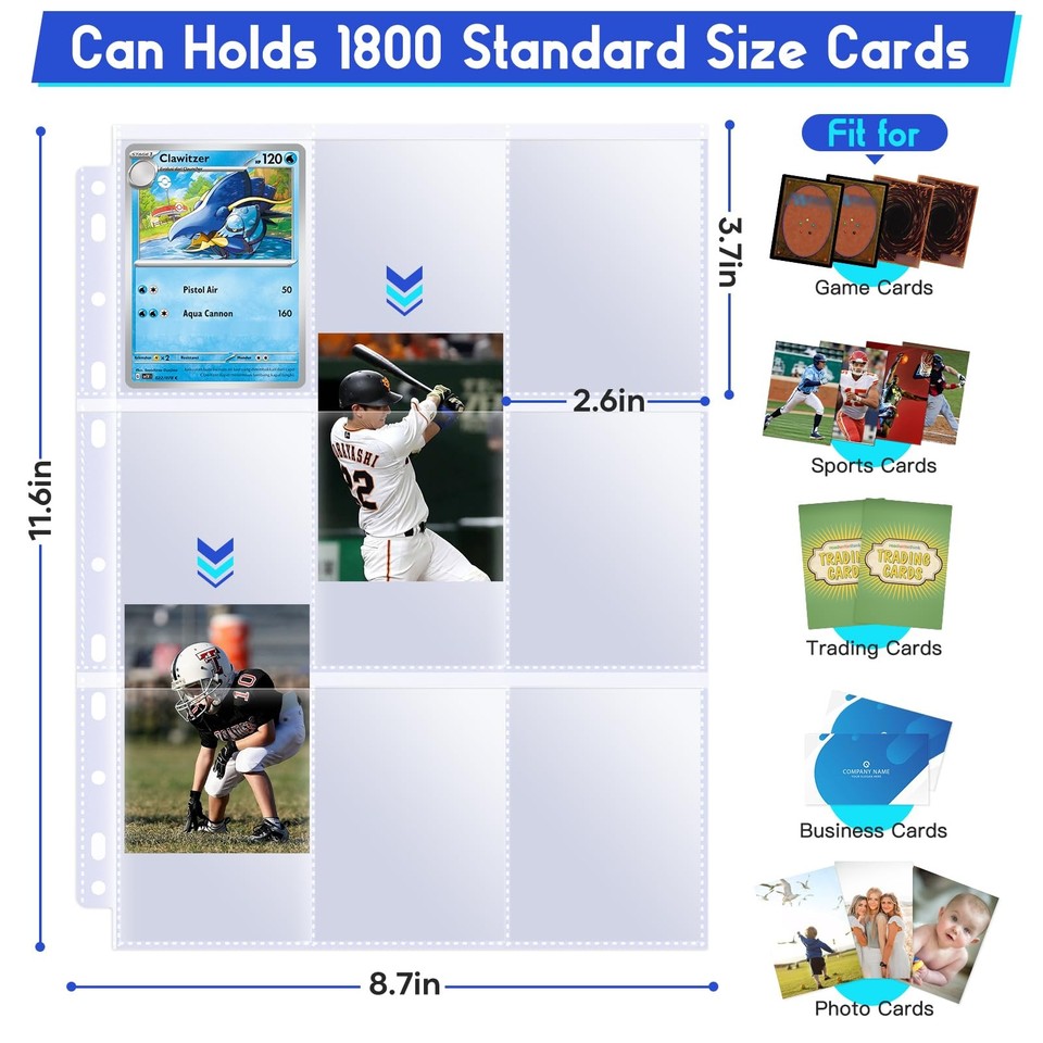 300 Pack Trading Card Sleeve Pages,9 Pockets Double Sided Binder Sheets ...