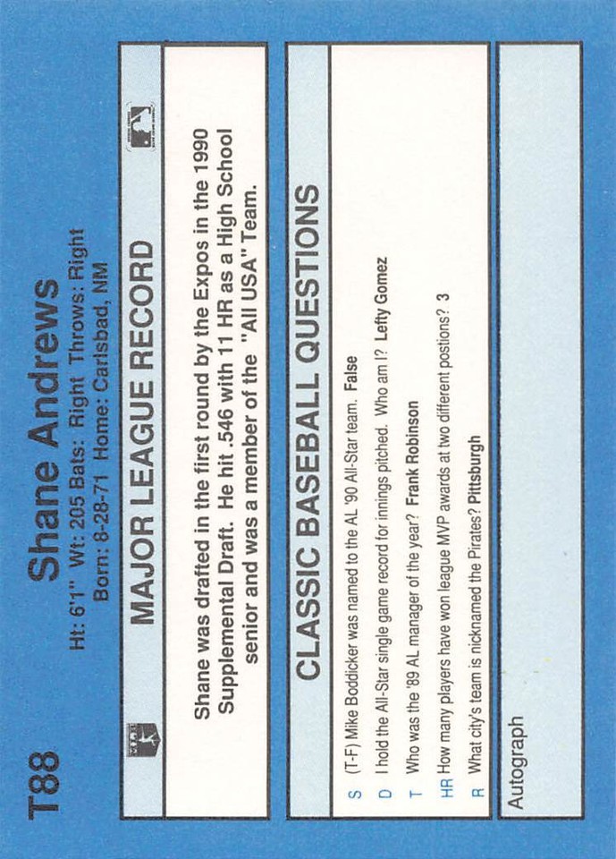 Shane Andrews 1990 Classic Yellow T88 Montreal Expos Baseball Card | eBay