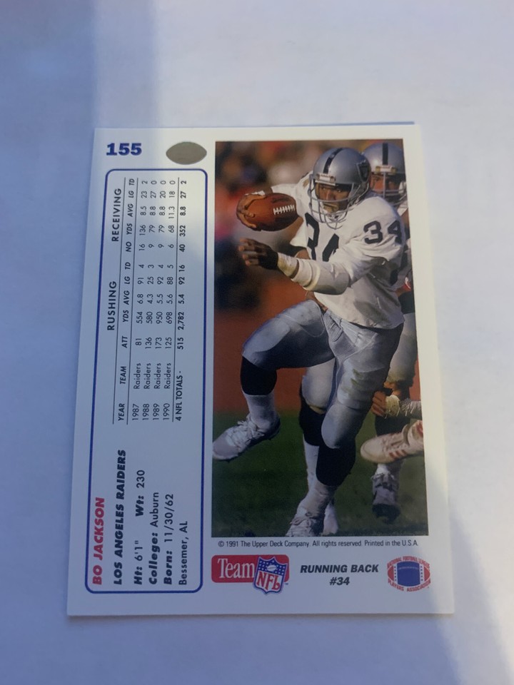 BO JACKSON - 1991 UPPER DECK FOOTBALL CARD #155 - LOS ANGELES RAIDERS ...