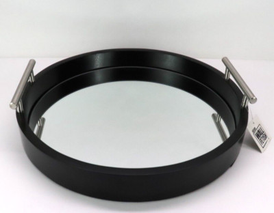 Server Tray Black Round Mirrored Bottom w/Stainless Steel Handles 15 ...