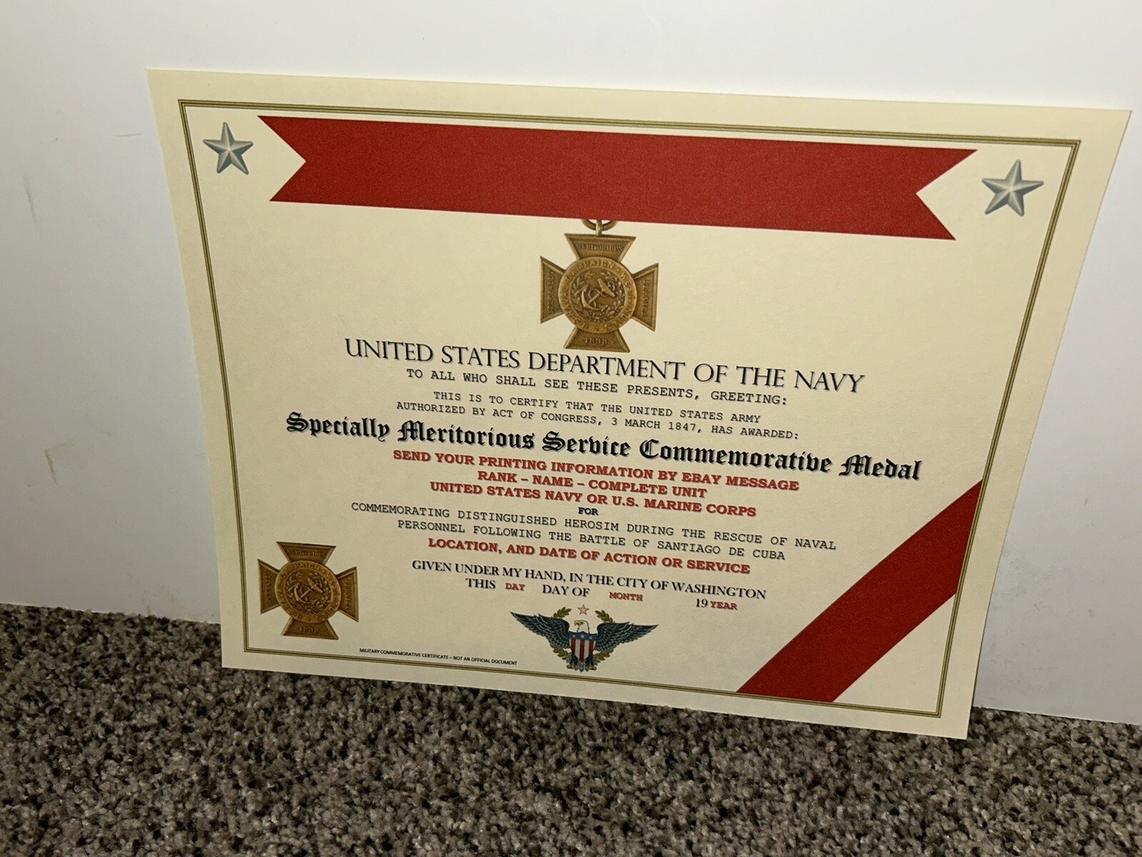 SPECIALLY MERITORIOUS SERVICE COMMEMORATIVE MEDAL CERTIFICATE ~ W ...