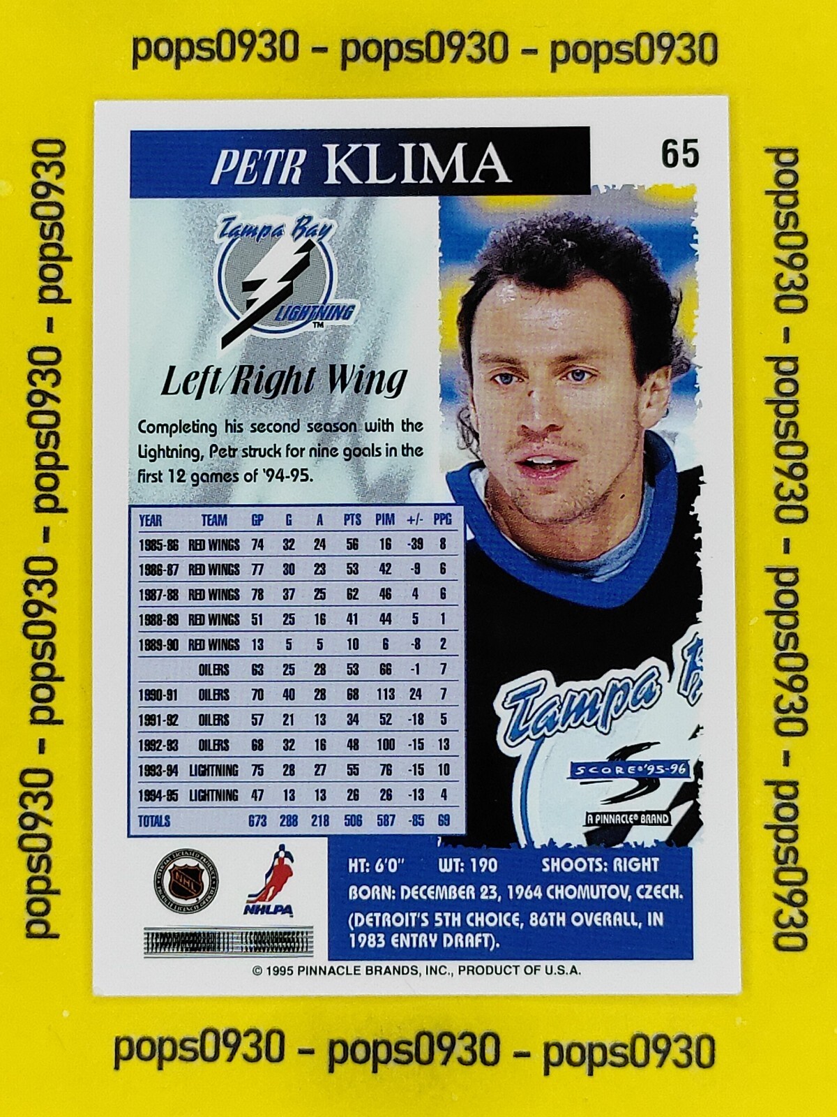 Petr Klima, Tampa Bay Lightning, 1995, Score, #65 | eBay