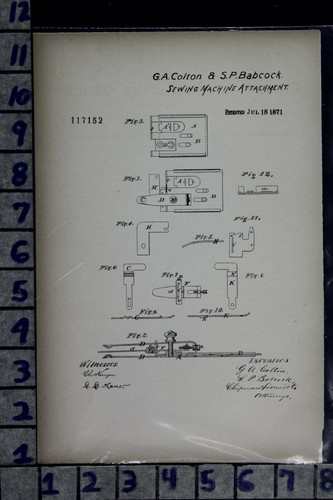 1871 COLTON BABCOCK ADRIAN MICHIGAN SEWING MACHINE TEXTILE PATENT LITHO ...