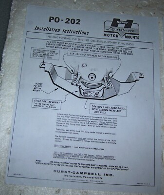 HURST P0-202 MOTOR MOUNT INSTRUCTION 1955 TO 1960 PONTIAC 287 316 347 ...