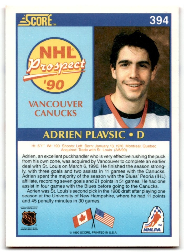 1990-91 Score Adrien Plavsic Rookie Vancouver Canucks #394 | eBay