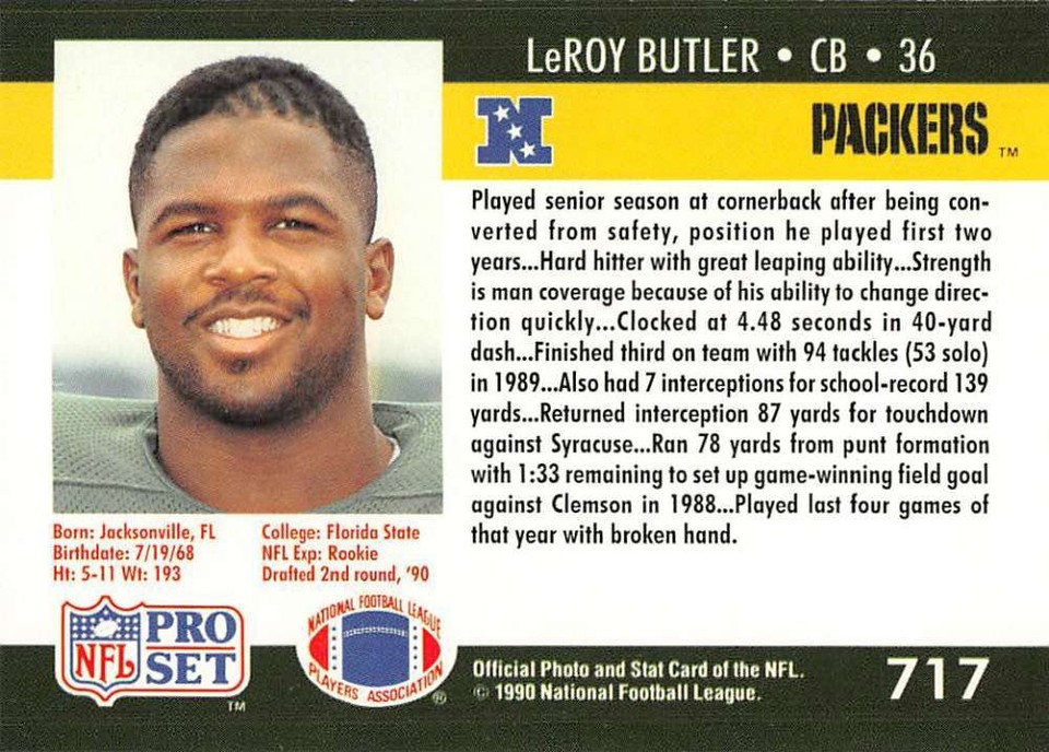 1990 Pro Set #717 LeRoy Butler RC Rookie Green Bay Packers Football ...