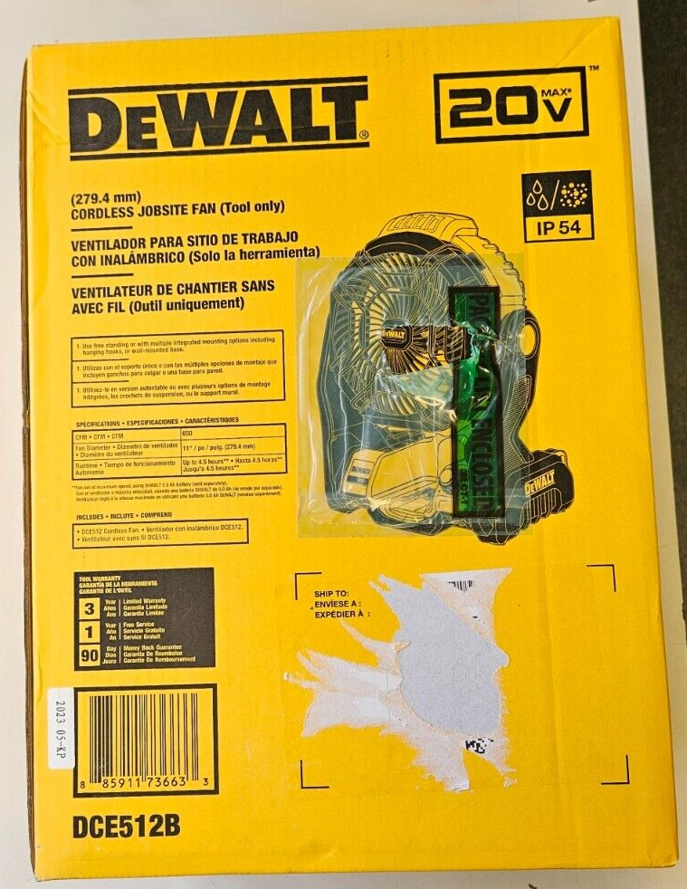 Dewalt DCE512B 20V Cordless Jobsite Fan 20 Volt MAX ONLY IPX 54 ...