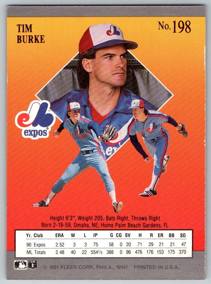 1991 Fleer Ultra Baseball Card Tim Burke #198 Montreal Expos | eBay