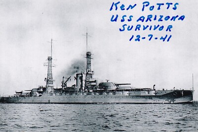 USS Arizona Pearl Harbor Survivor WWII Kenneth Potts SIGNED 4x6 PHOTO ...