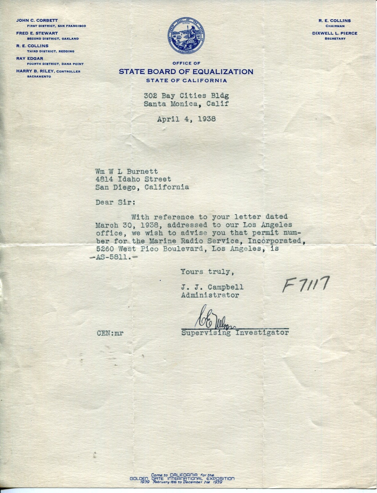 [Radio Re] 1938 SBE [Calif] Vintage Letterhead Re: MARINE RADIO SERVICE ...