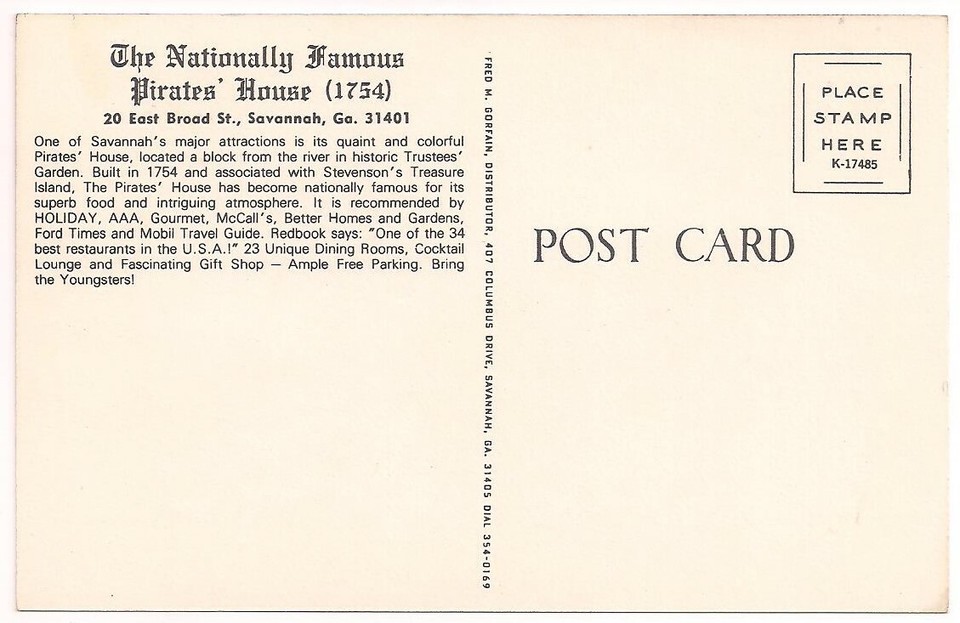 SAVANNAH GA Postcard Artist Signed TED WATERS Pirates' House Restaurant ...