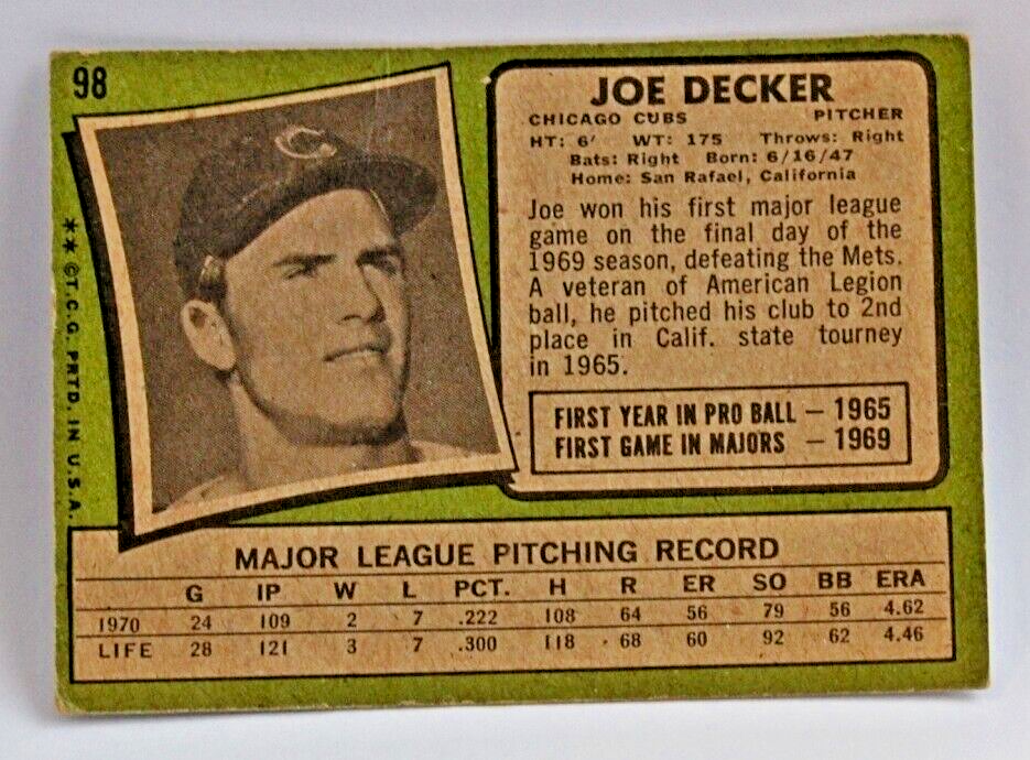 1971 Topps # 98 Joe Decker Baseball Card - Cubs Pitcher | eBay