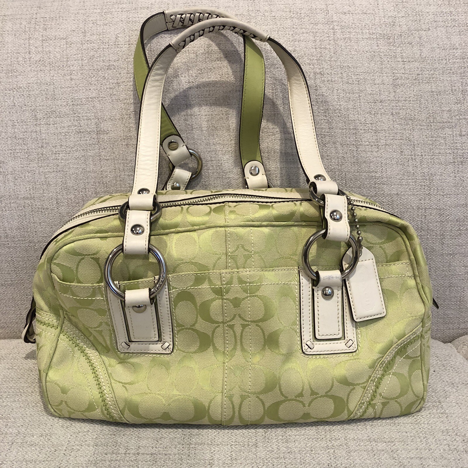 COACH SOHO LG PEAR GREEN WHITE LEATHER CARRYALL TOTE … - Gem