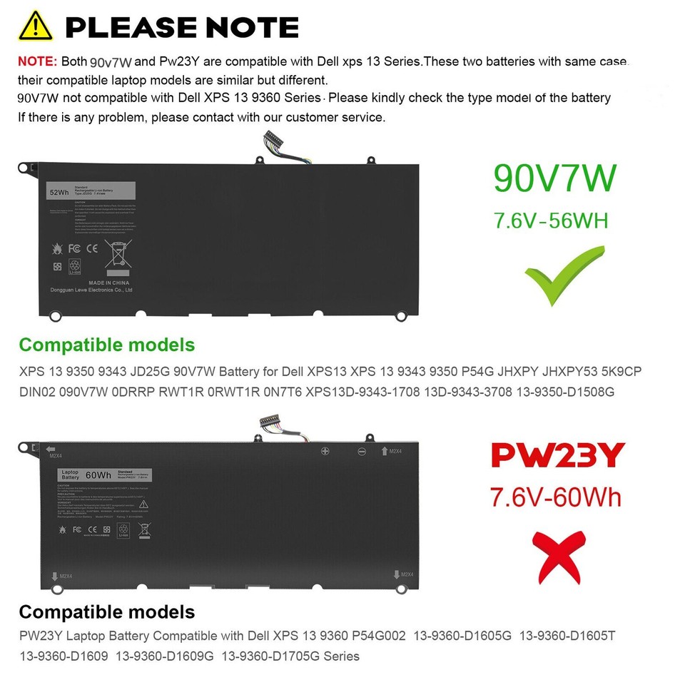 90V7W Battery For Dell XPS 13 9350 9343 P54G JD25G 0DRRP 0N7T6 RWT1R ...