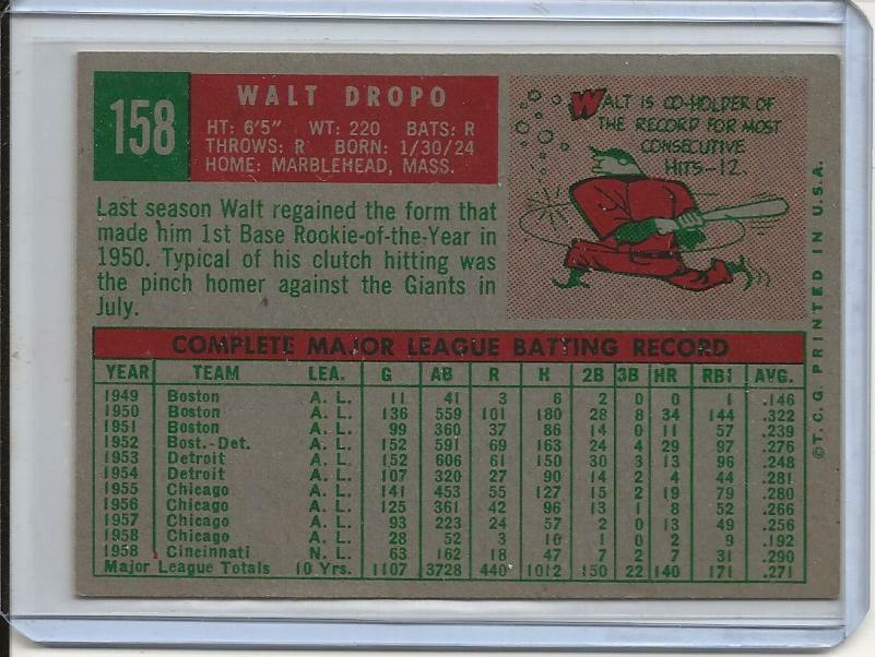 1959 Topps Baseball Card Walt Dropo Cincinnati Redlegs Near Mint# 158 ...