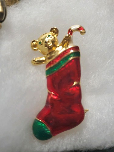 Crystal Rhinestones Stocking w/ Teddy Bear Christmas Pin Brooch Candy ...