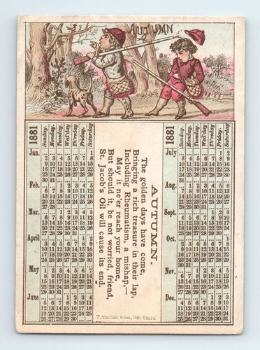 St. Jacobs Oil German Remedy Trade Card Quack 1881 Autumn Calendar ...