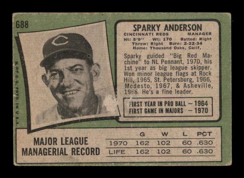 1971 Topps #688 Sparky Anderson MG SP G/VG X3526520 | eBay