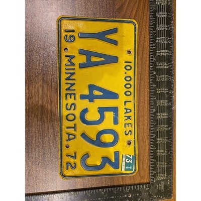 1972 Minnesota License Plate YA 4593 10000 Lakes Yellow Vintage Auto ...