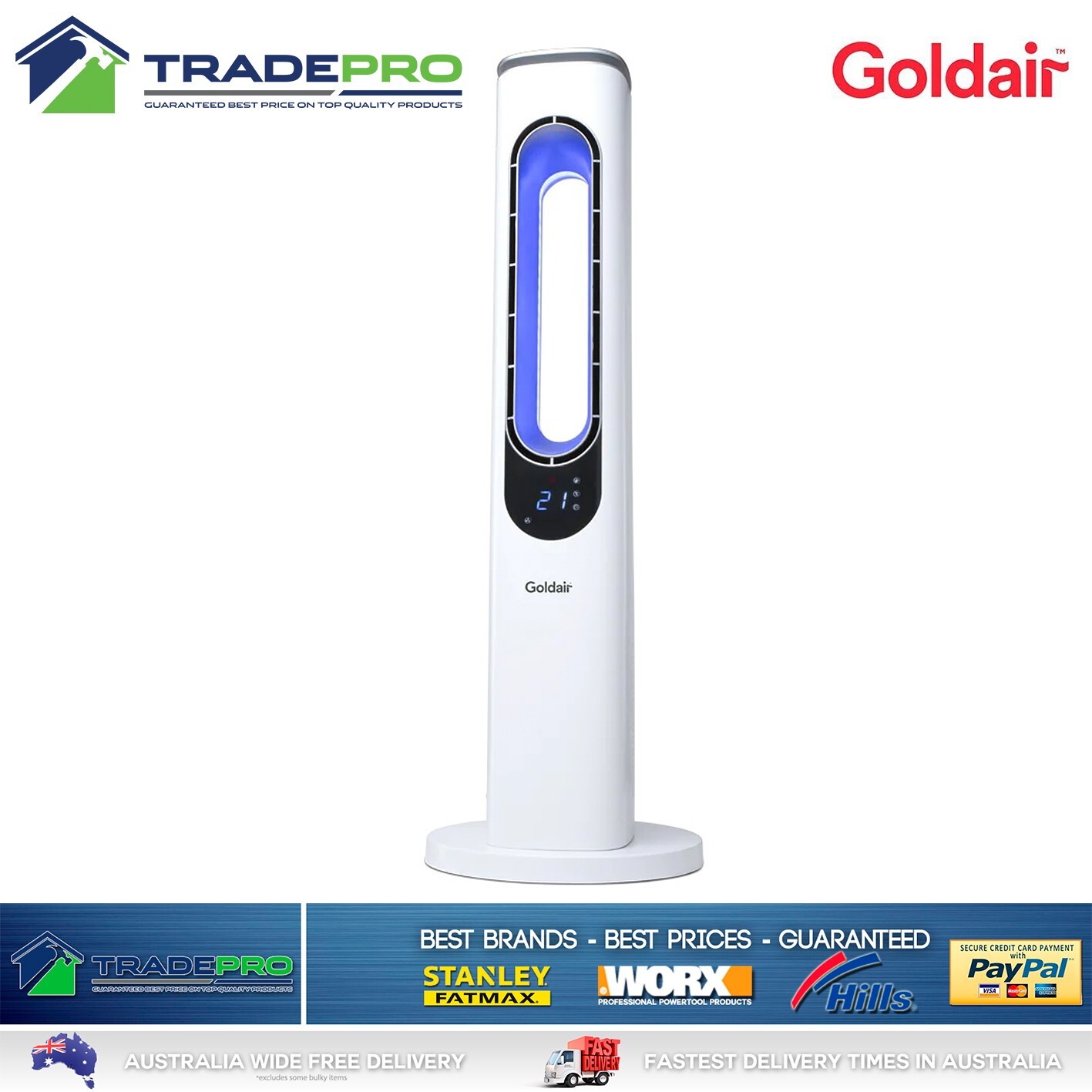 Tower Fan Electric LED 94cm White Goldair Adjustable Cool Large Cooling ...