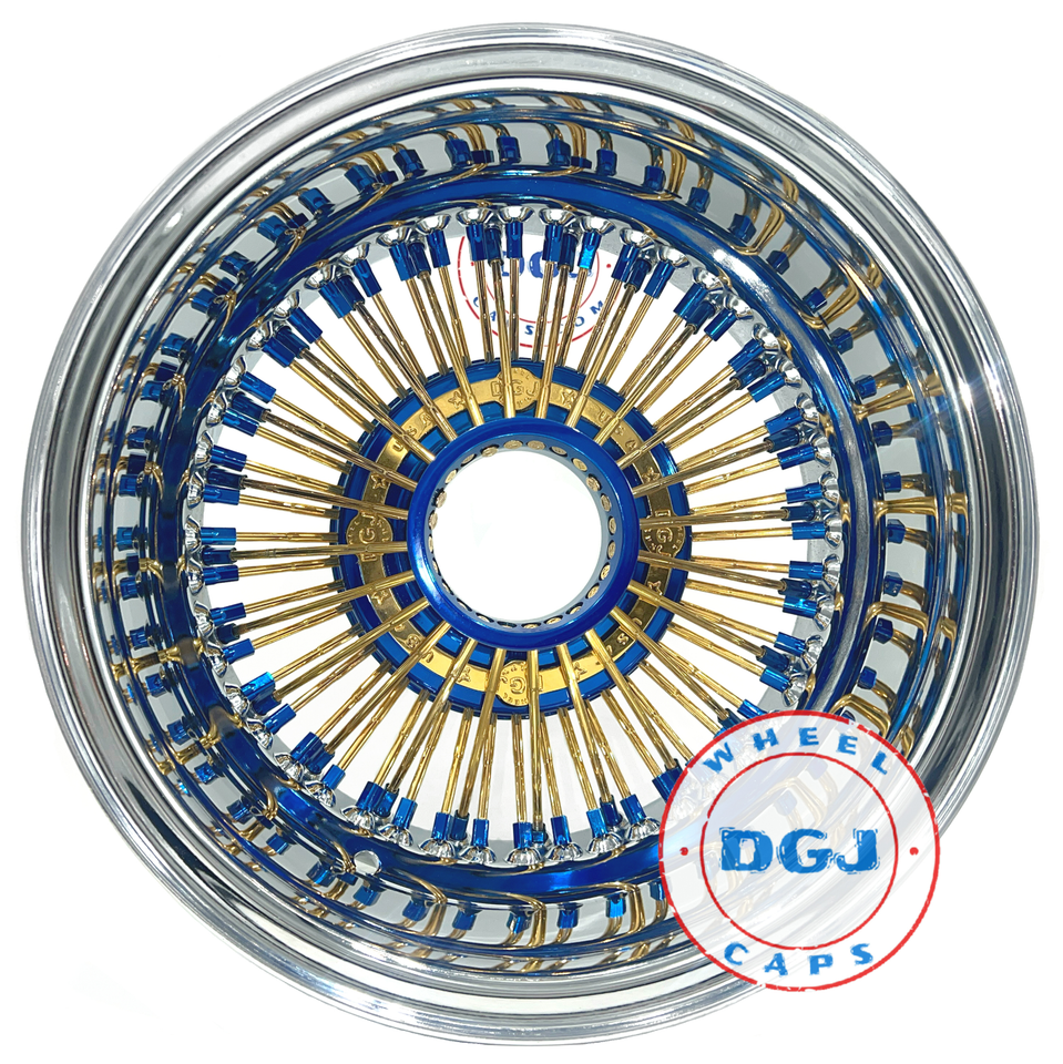 DGJ WHEELS 14x7 Rev 72 Straight Lace Candy Blue & Gold Lowrider Wire ...