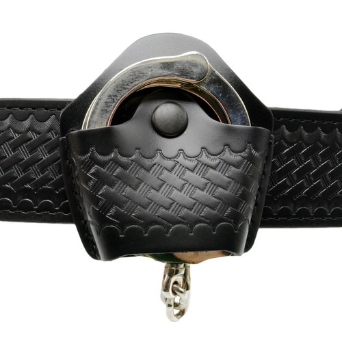 Perfect Fit Open Top Handcuff Case Black Snap Basketweave Leather Cuff ...