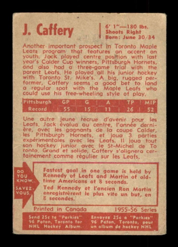 1955-56 Parkhurst #19 Jack Caffery G RC Rookie Maple Leafs 549762 | eBay