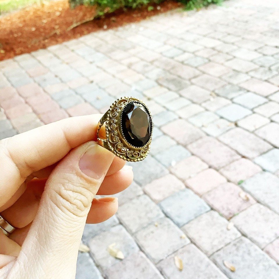 Adjustable Gold Filled Filigree Glass Stone Ring Vintage Costume Ring ...