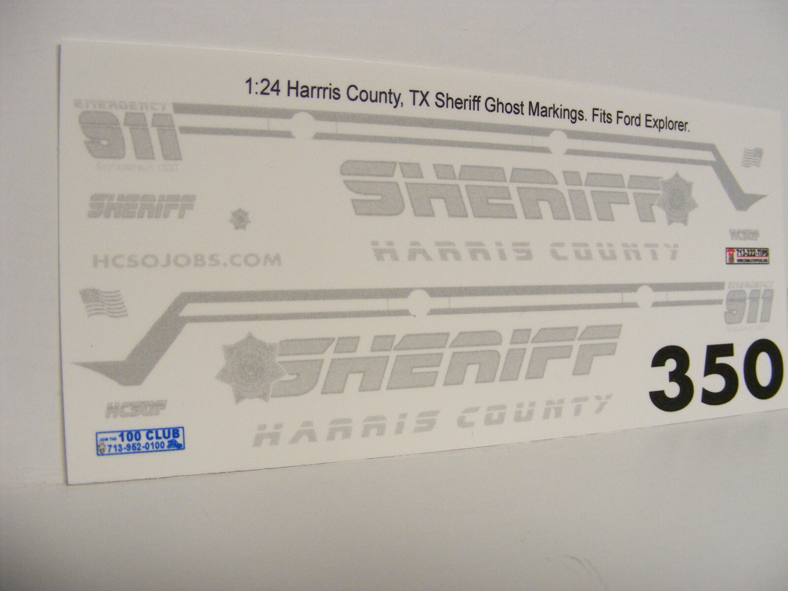 Harris County TX Sheriff 1:24 Water Slide decal set Fits Motormax GL ...