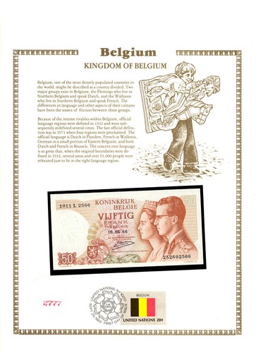 Belgium 50 Francs 1966 P 139a.3 UNC w/FDI UN FLAG STAMP Kestens 1011P ...