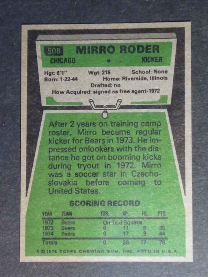 1975 Topps Mirro Roder RC #508 Bears NM/MT (003) (Inv#DR1019) | eBay