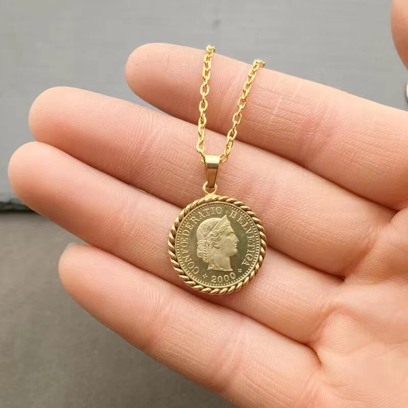 Retro Swiss Guardian Coin Pendant Vintage Gold Portrait Coin Necklace ...