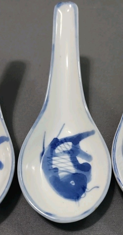 VTG Set of 3 Chinese Soup Spoons Porcelain Blue & White Koi Carp Fish ...