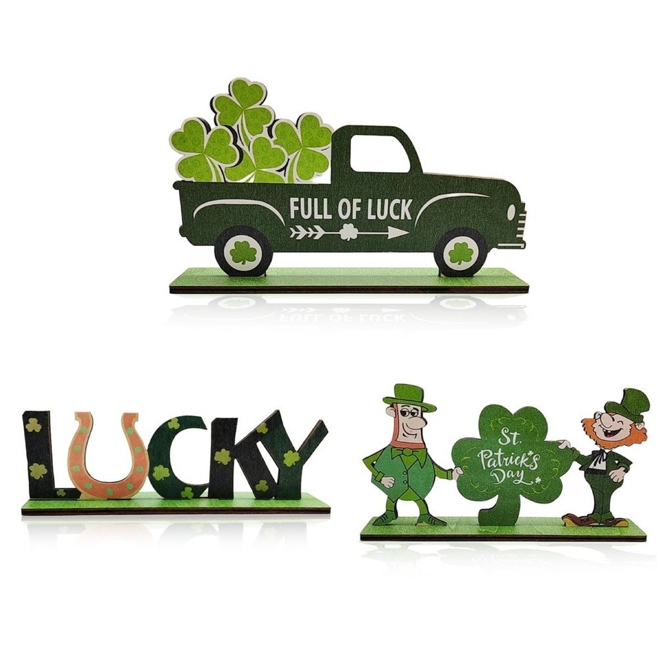 Green Lucky Clover Truck Wooden Ornament Desktop 3 Piece Set for Shelf ...