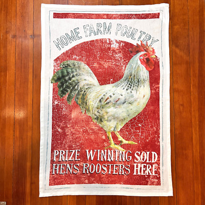 Kay Dee Farm Nostalgia tea towel rooster hen cotton red blue WASHED but ...