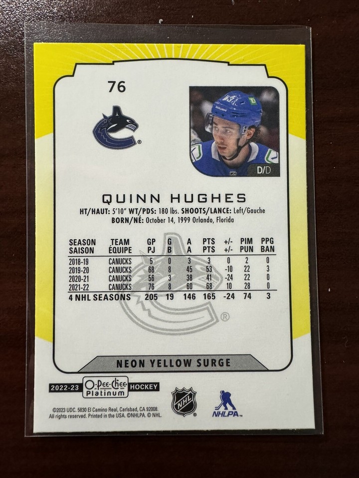 2022-23 O-Pee-Chee Platinum Neon Yellow Surge Quinn Hughes #76 | eBay