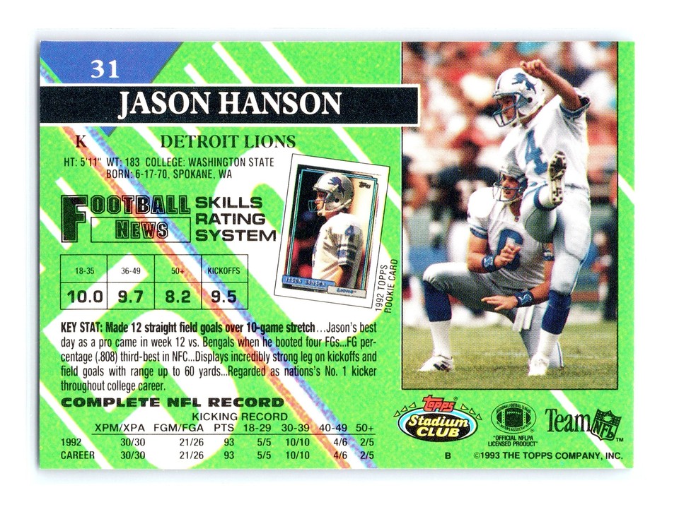 1993 Stadium Club Football #31 Jason Hanson Detroit Lions | eBay