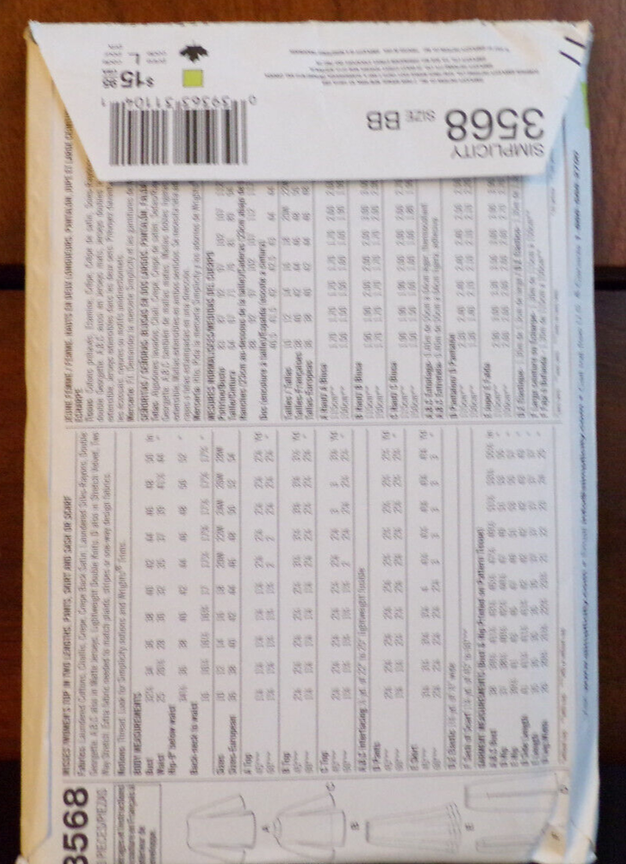 Simplicity Sewing Pattern 3568 Womens Top Skirt Pants Sash Sizes 20W ...