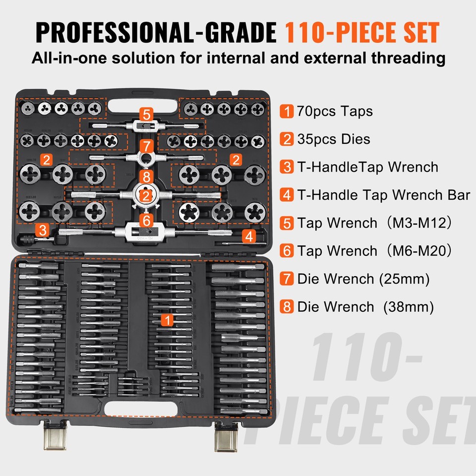 Tap and Die Set 110Pcs Metric Size M2 to M18 Bearing Steel Threading ...