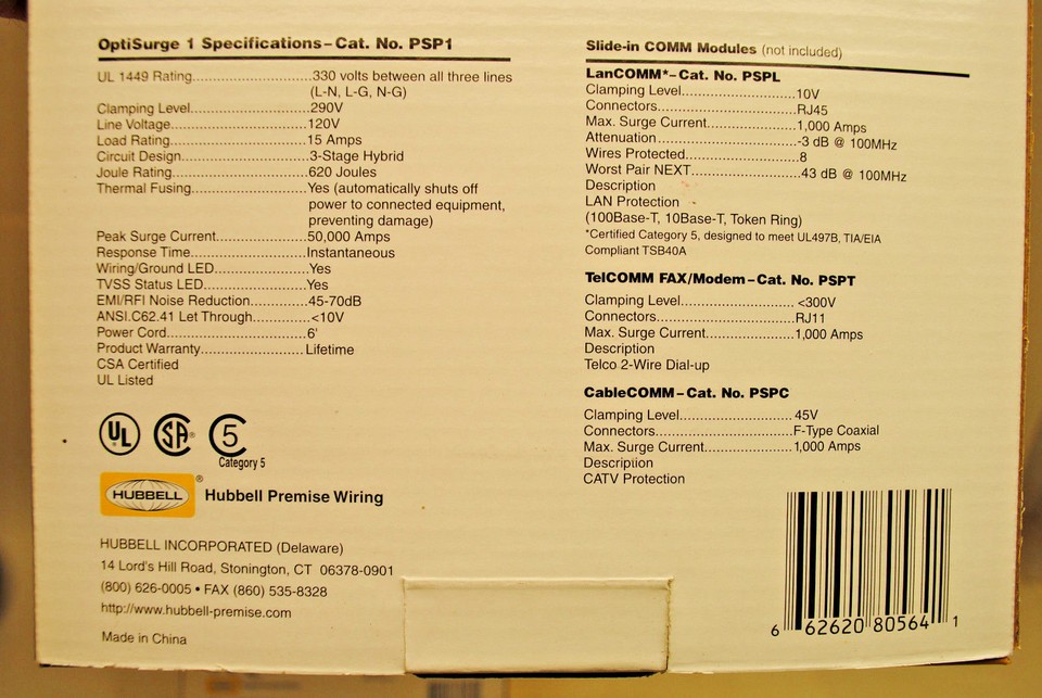 Hubbell PSP1 Surge Protector 7-Outlet Power Strip 6-Ft Cord 120V 15A ...