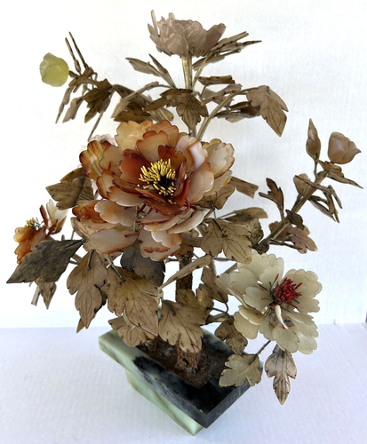 Chinese Jade Tree Sculpture 19" Carved Semi Precious Stone Flowers Jade ...