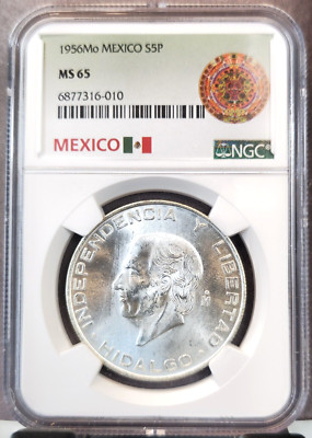 1956 MEXICO SILVER 5 PESOS S5P HIDALGO NGC MS 65 SCARCE GEM COIN | eBay